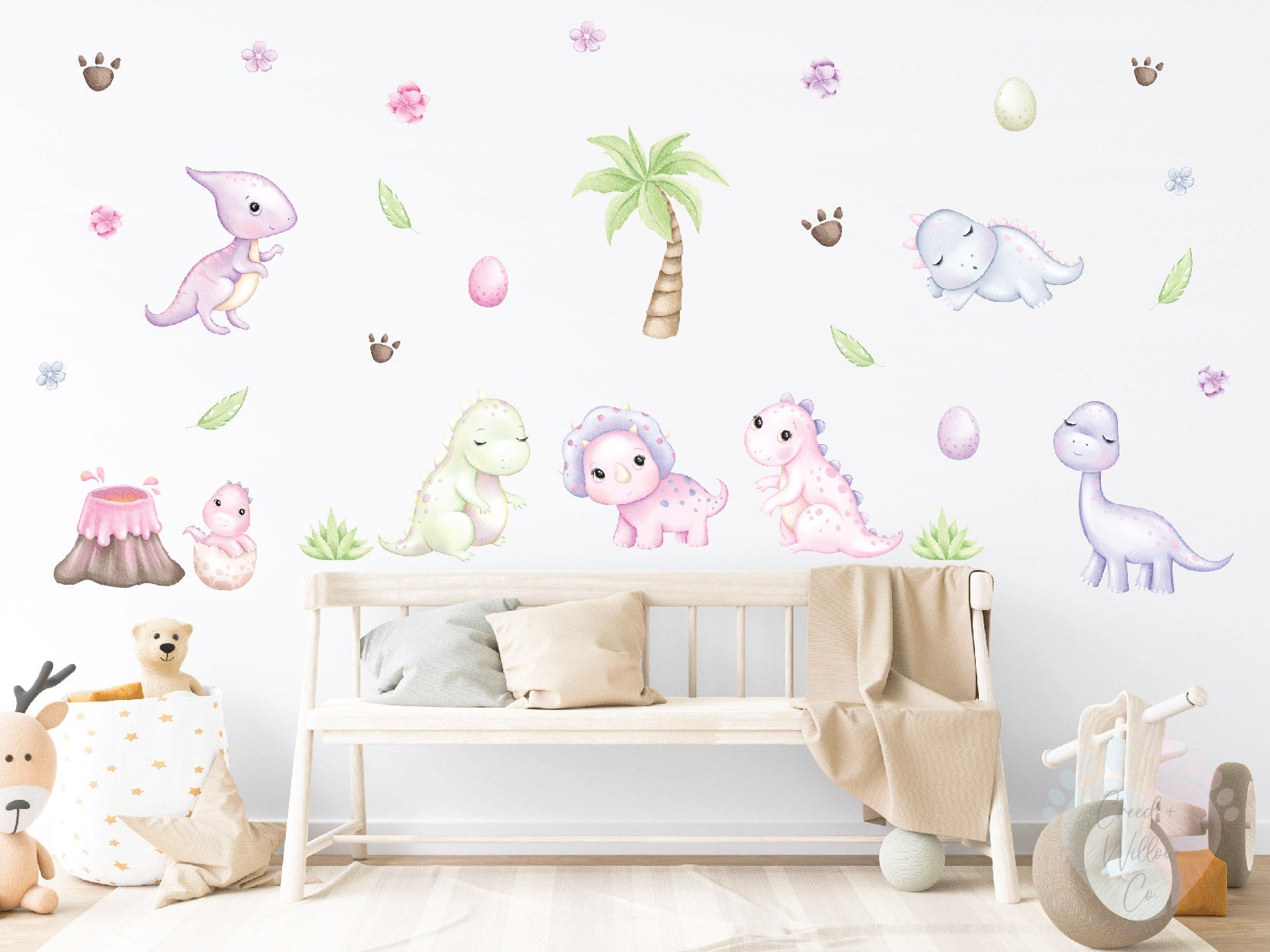 Pink Dinosaur Wall Decal Set | Removable Fabric Vinyl for Girls’ Nurseries