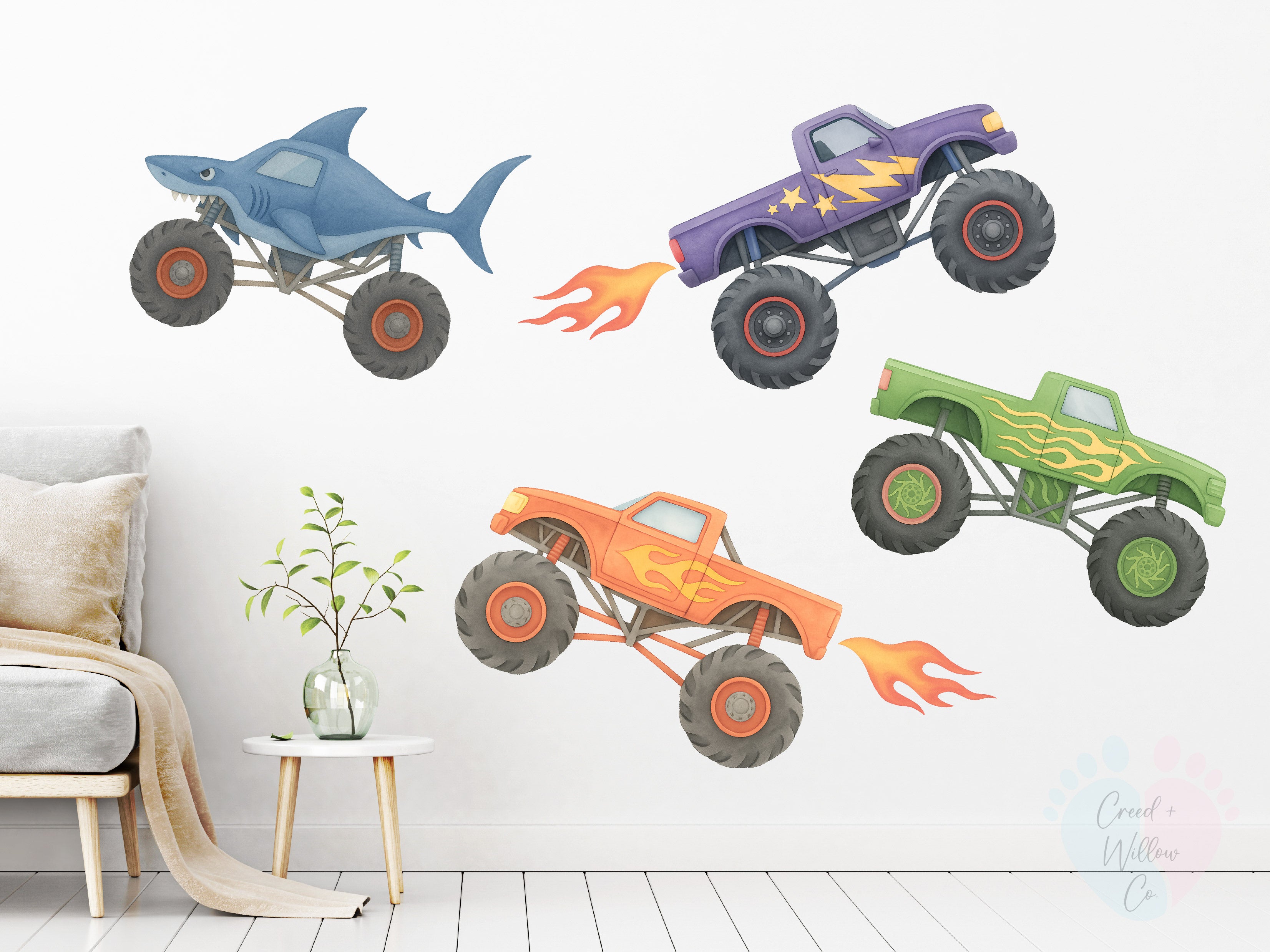 Monster Truck Wall Decal Set | Peel-and-Stick Fabric for Boys' Rooms
